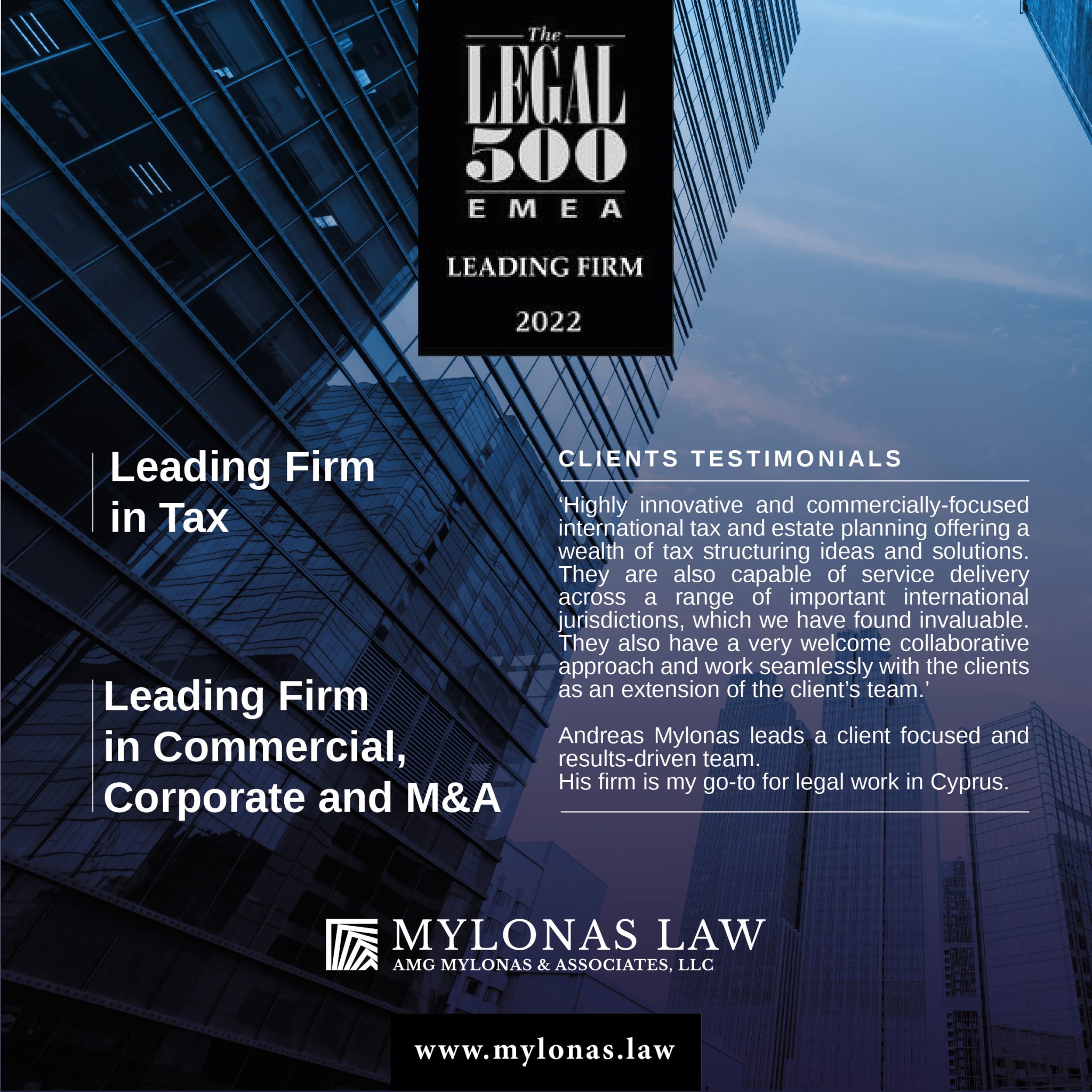Mylonas law ranked by The Legal 500, as a Leading Law Firm in Cyprus...